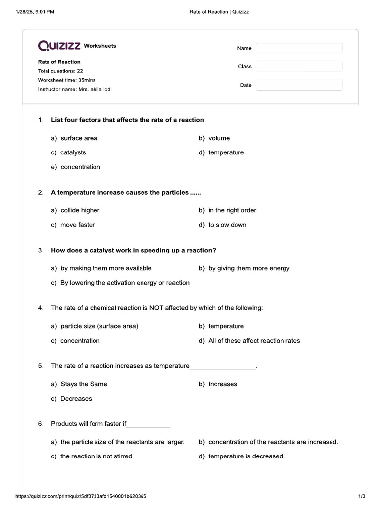 Rate of Reaction (Multiple Choice | PDF