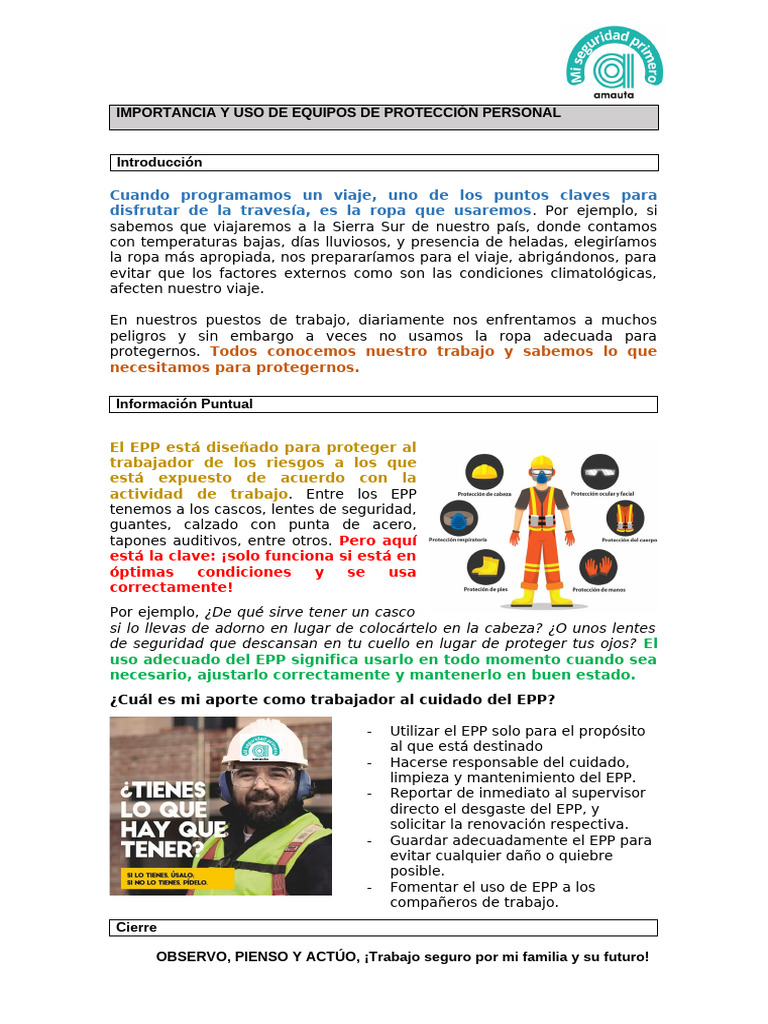 Charla N° 008 IMPORTANCIA Y USO DE EPPS | PDF