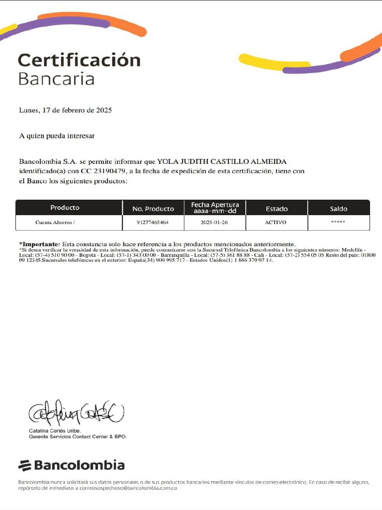 Certificado Bancario Yola Judith Castillo | PDF