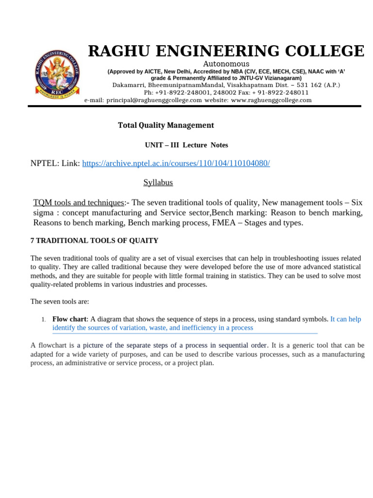 TQM Unit III Lecture Notes | PDF | Six Sigma