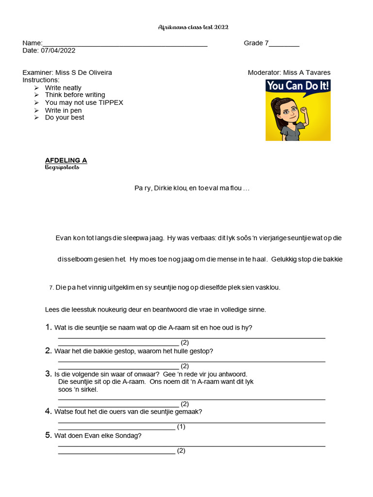 Afrikaans Class Test | PDF