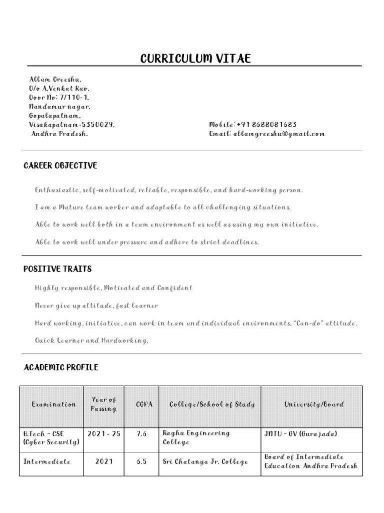 Curriculum Vitae: Career Objective | PDF