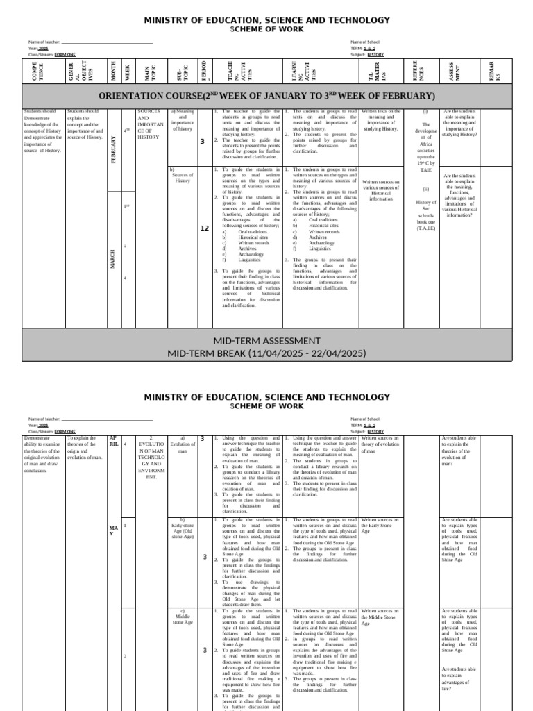 History Teaching Scheme for Form One | PDF | Colonialism | Stone Age