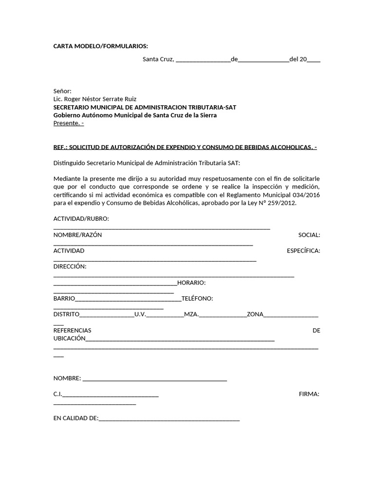 Solicitud de Autorizacion de Expendio y Consumo de Bebidas Alcoholicas ...