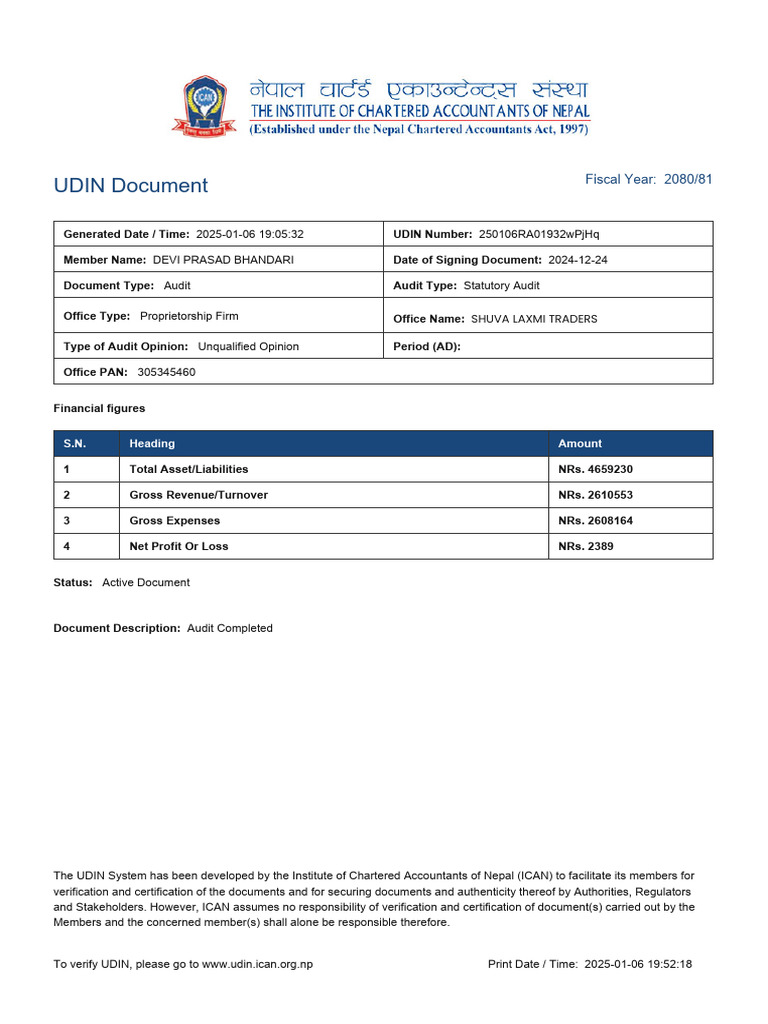 Statutory Audit Report for Shuva Laxmi Traders | PDF