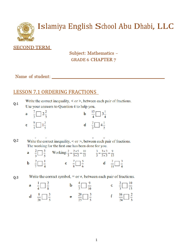 Grade 6 Math: Ordering & Operations on Fractions | PDF | Mathematics