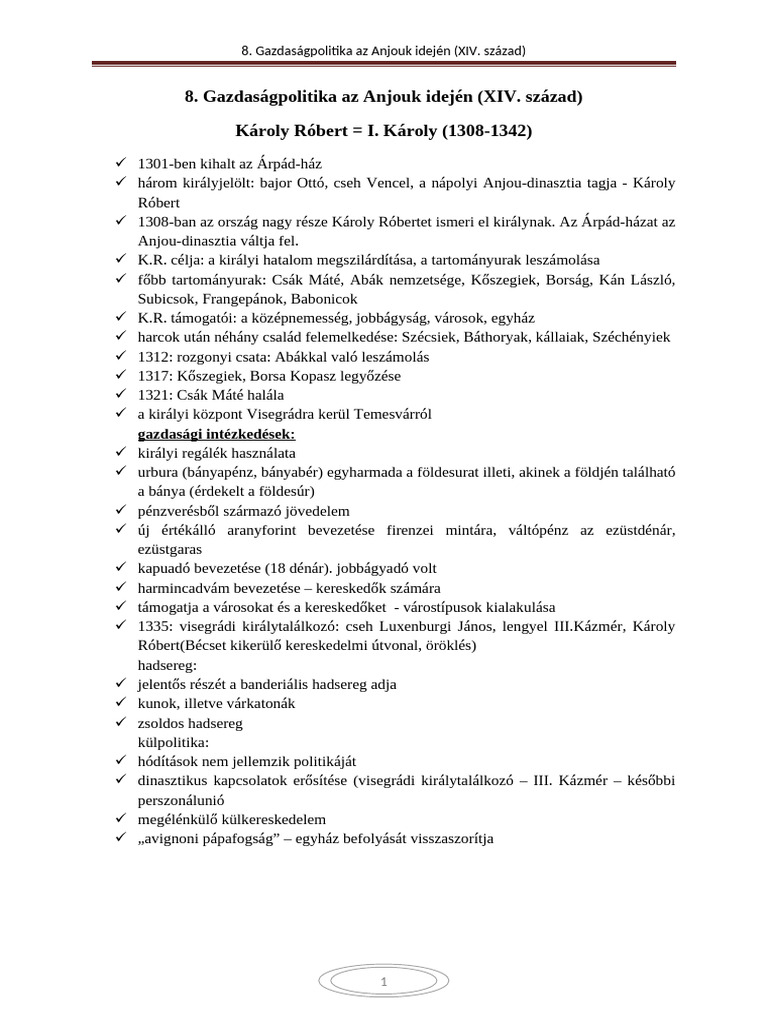 Tétel Gazdaságpolitika Az Anjouk Idején | PDF