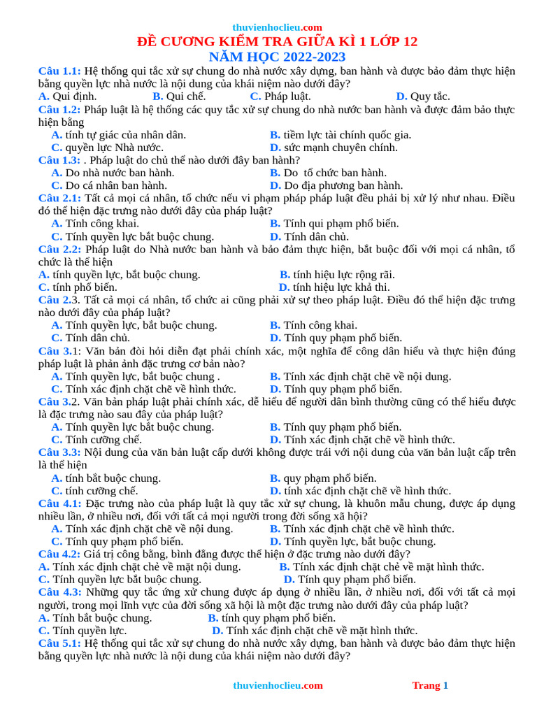 Thuvienhoclieu.com de Cuong on Tap GDCD 12 Nam 2022 2023 | PDF