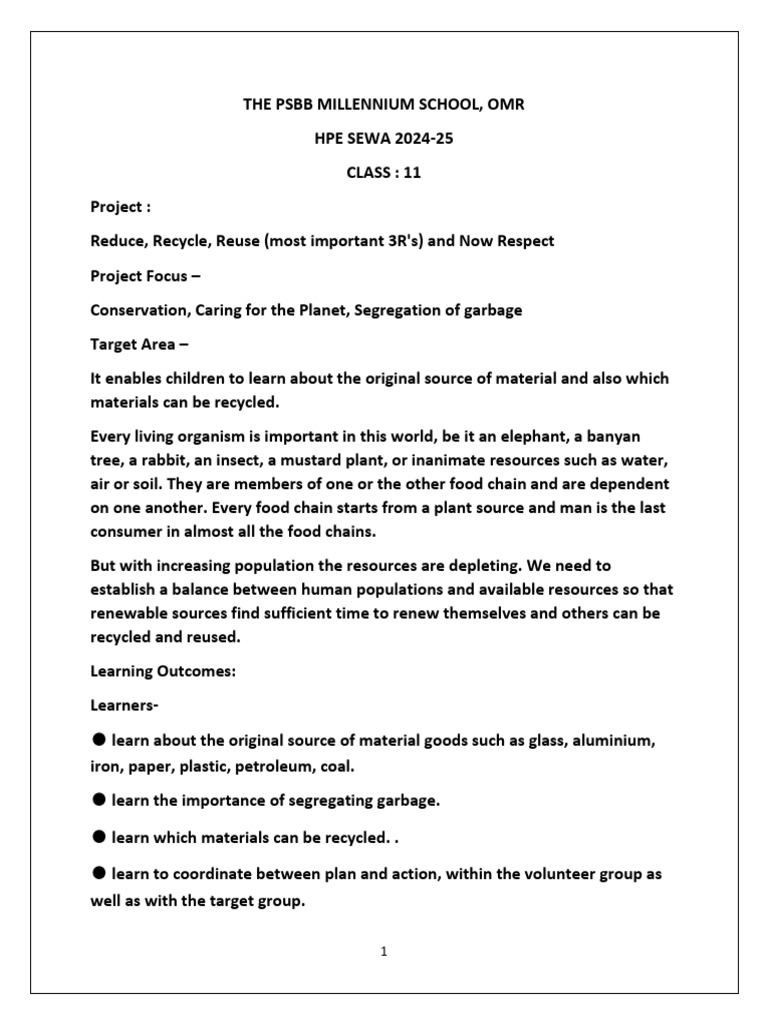 Class 11 Sewa Activity 2024-25 | PDF | Recycling | Data