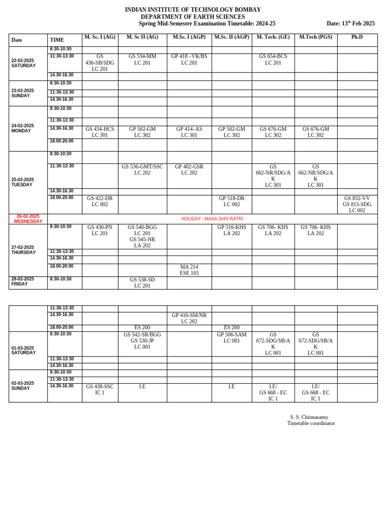 Midsem-Timetable Spring 2025 - 1 | PDF