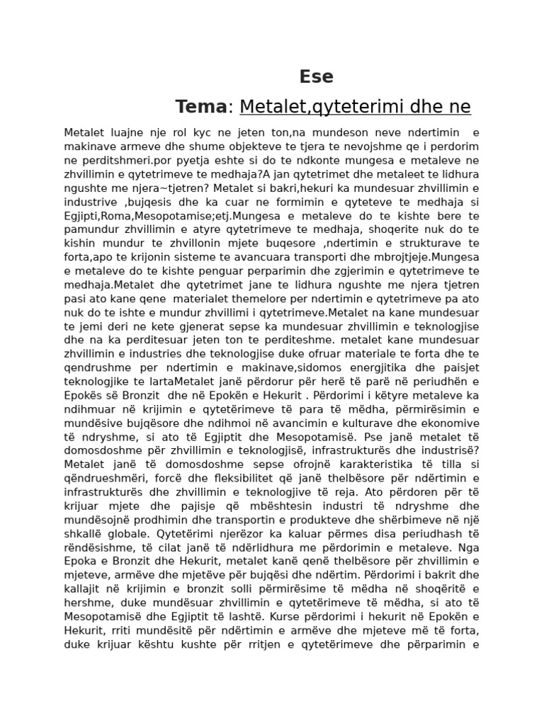 Ese Tema:: Metalet, Qyteterimi Dhe Ne | PDF