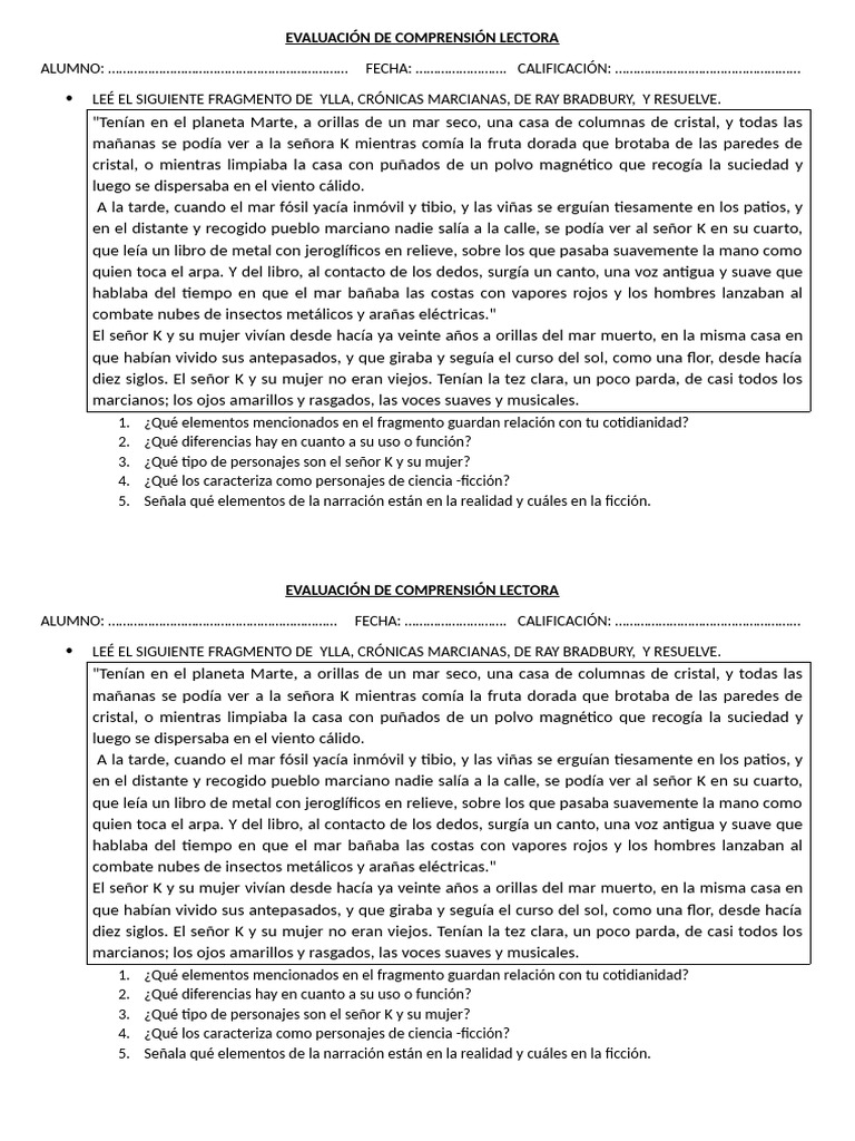 Evaluación de Comprensión Lectora | PDF | Marte