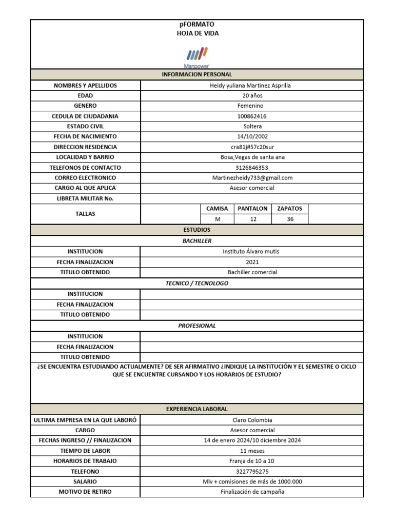 Formato Hoja de Vida Manpower | PDF