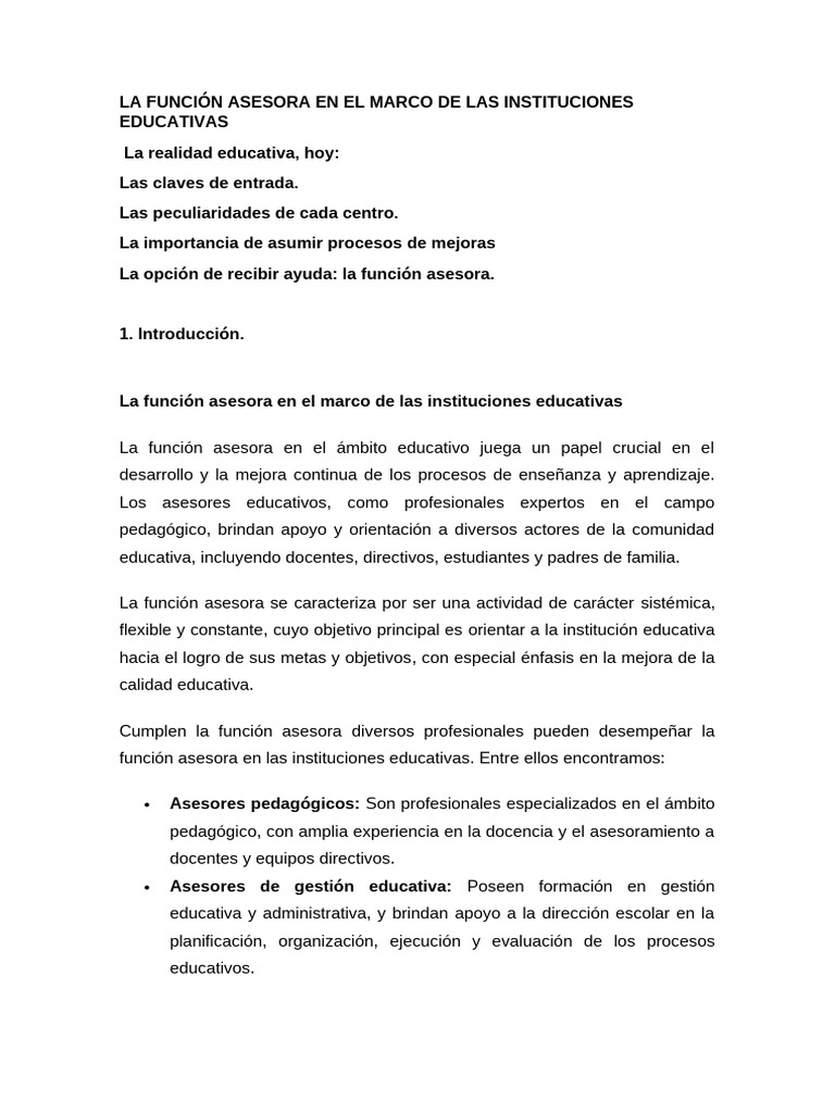 La Función Asesora en El Marco de Las Instituciones Educativas | PDF ...
