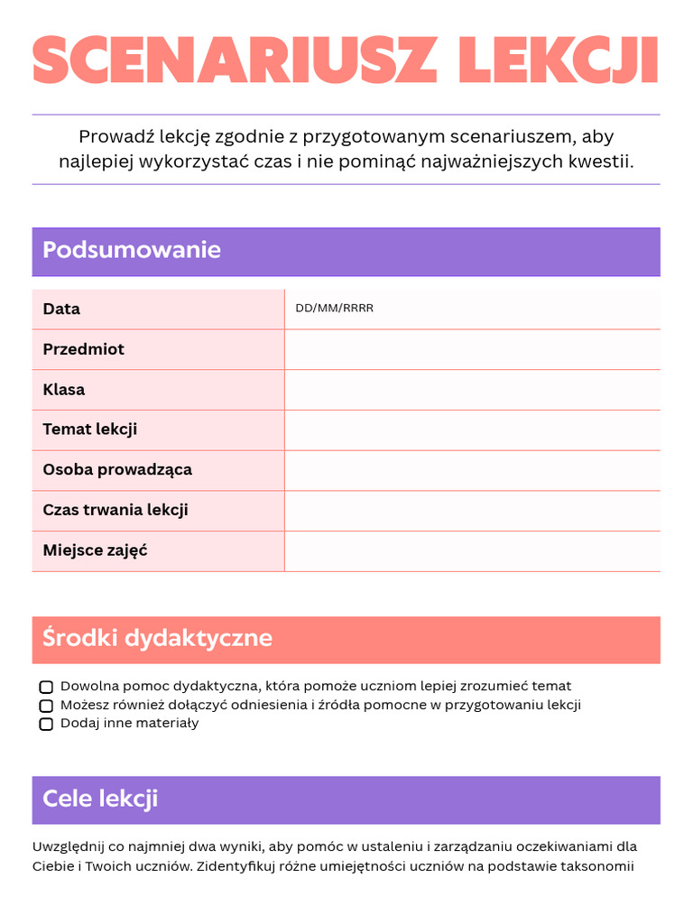 Fioletowy Koralowy Kolorowy Profesjonalny Scenariusz Lekcji | PDF