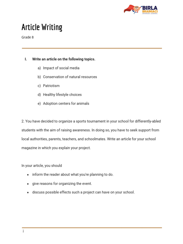 Article Writing Topics for Grade 8 | PDF