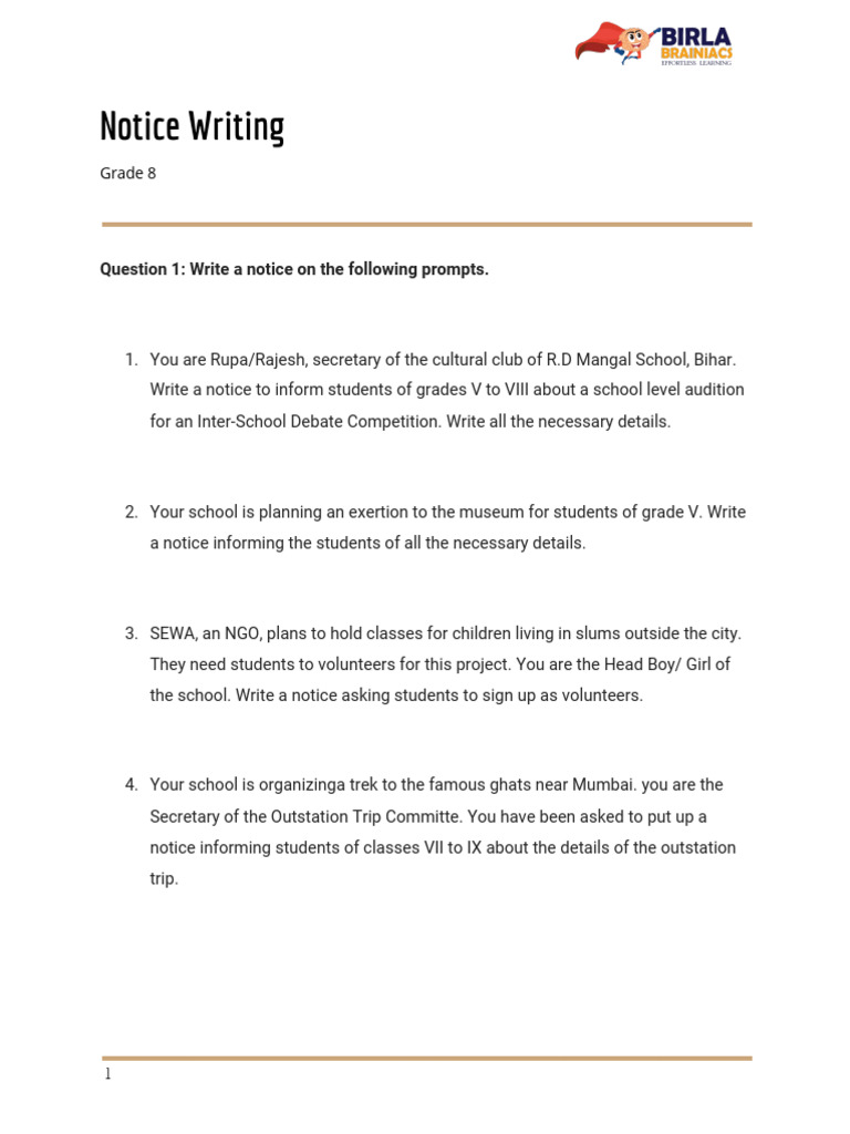 Grade 8 - Notice Writing - Writing - Docx | PDF