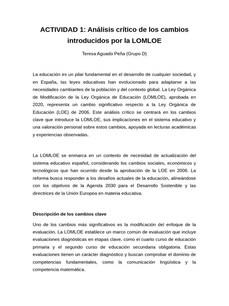 Análisis Crítico LOMLOE | PDF | Evaluación | Enseñando