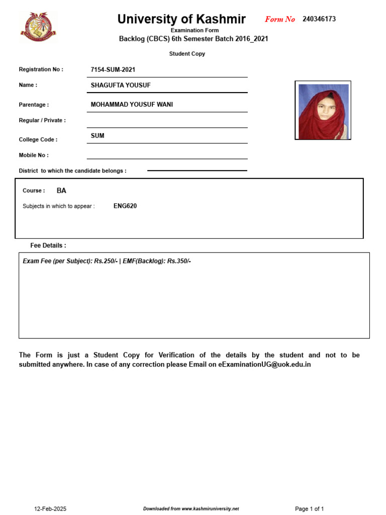 Examination Form 7154 SUM 2021 | PDF