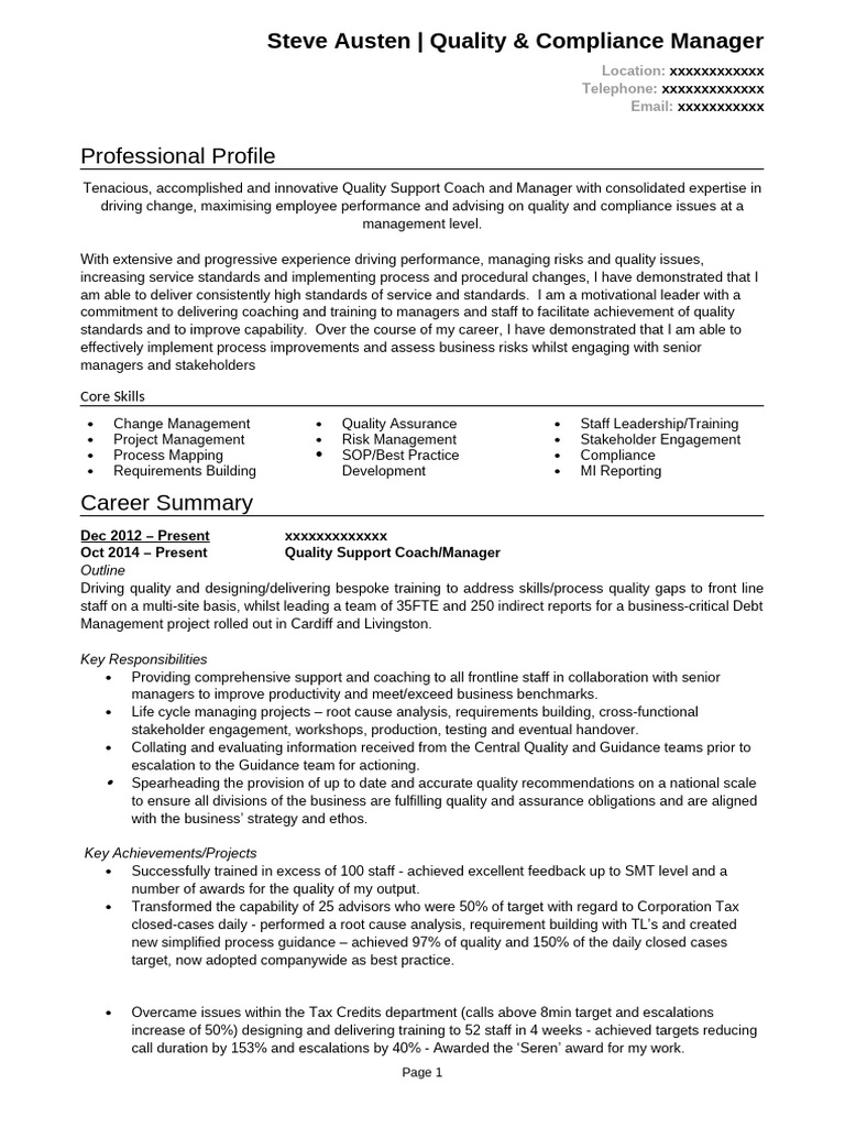 Quality & Compliance Manager Profile | PDF | Regulatory Compliance ...