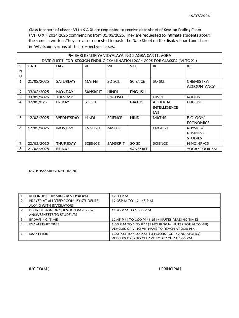Session Ending Exam Datesheet | PDF
