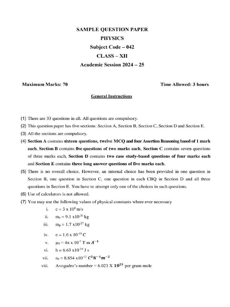 CBSE Physics Sample Paper 2025 | PDF