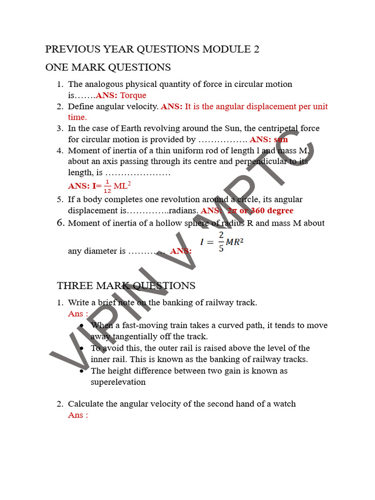 Previous Year Questions With Answers o Module 2 | PDF | Rotation Around A Fixed Axis | Angular ...