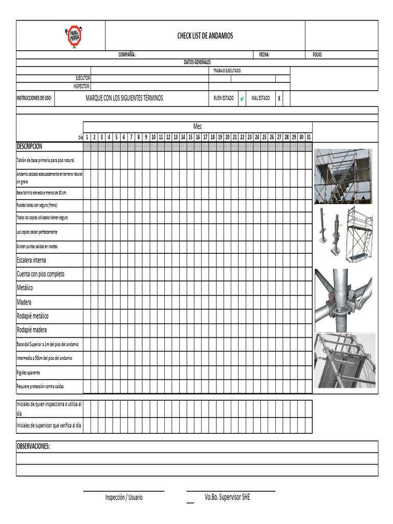 Check List de Inspección de Andamios Multidireccionales | PDF