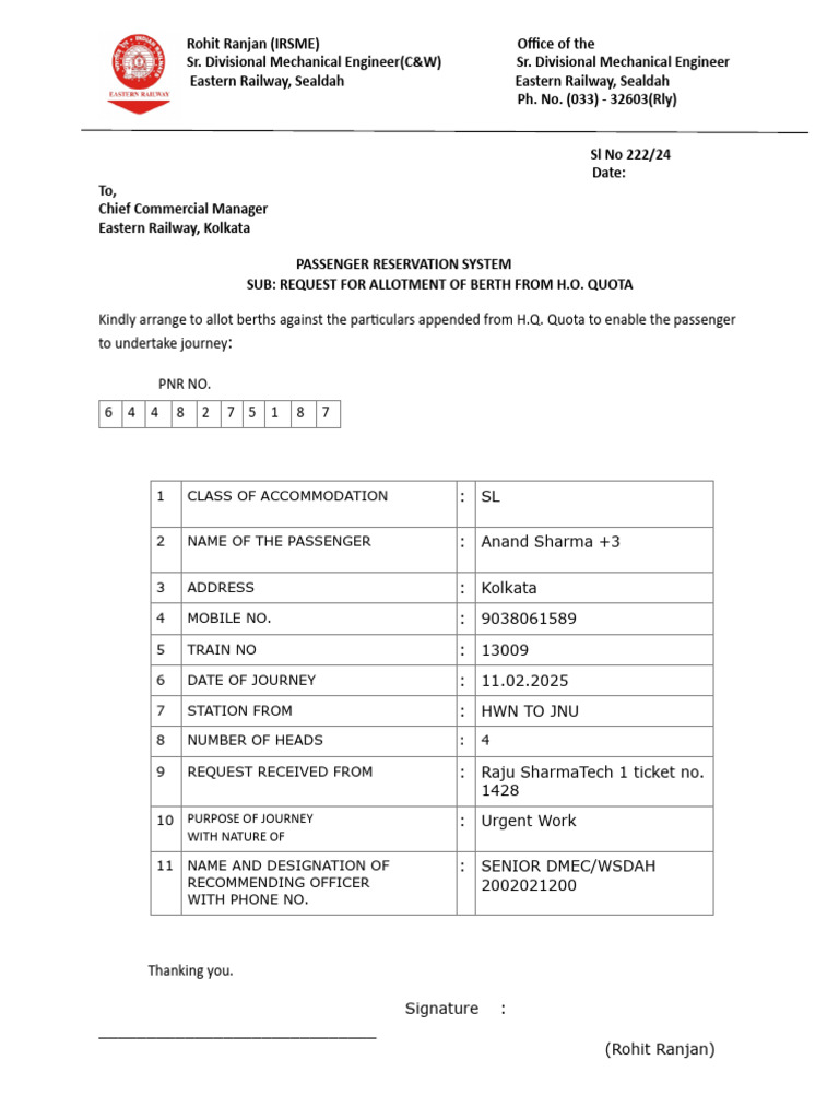 Berth Allotment Request from HQ Quota | PDF