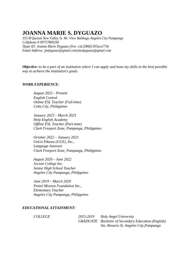 Joanna Marie Dyguazo Resume 2024 | PDF | English As A Second Or Foreign ...