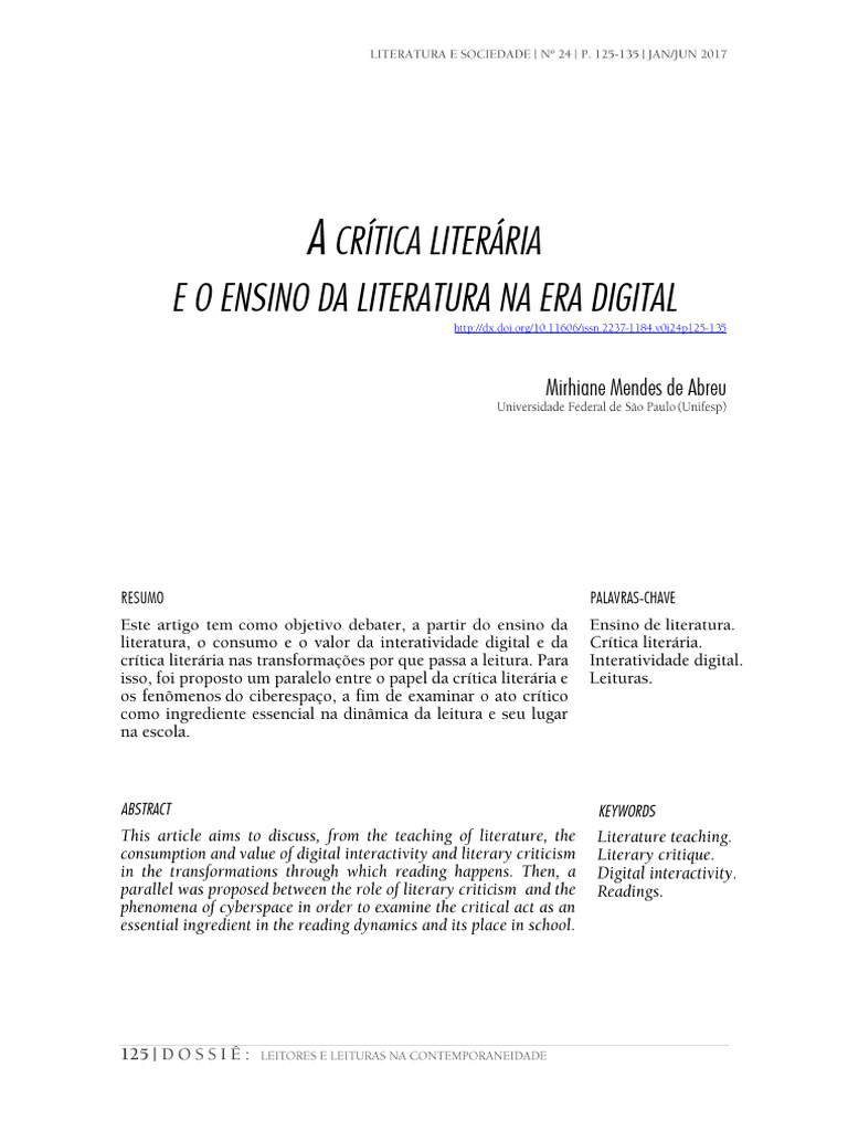 Crítica Literária e Ensino Digital | PDF