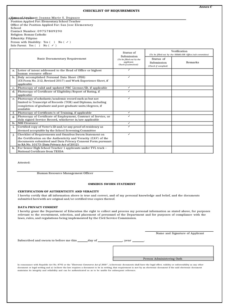 EDITED-Annex C-Checklist of Requirements and Omnibus Sworn Statement | PDF | Government