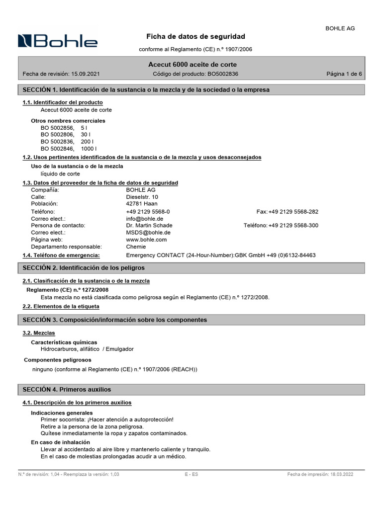 Ficha de Seguridad Acecut 6000 | PDF | Agua | Química