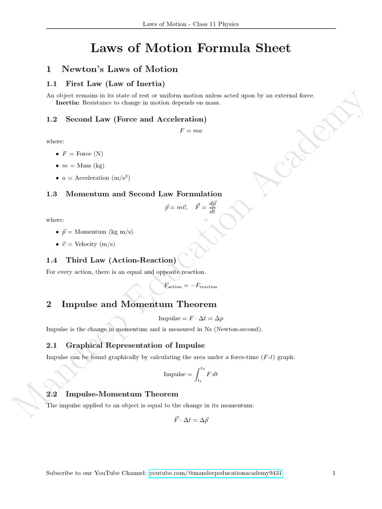 Laws of Motion Class 11 Formula Sheet | PDF | Force | Newton's Laws Of ...