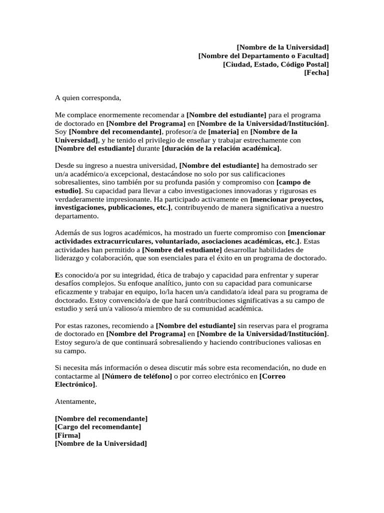 Modelo de Carta de Recomendacion Academica para Doctorado Descarga Word ...