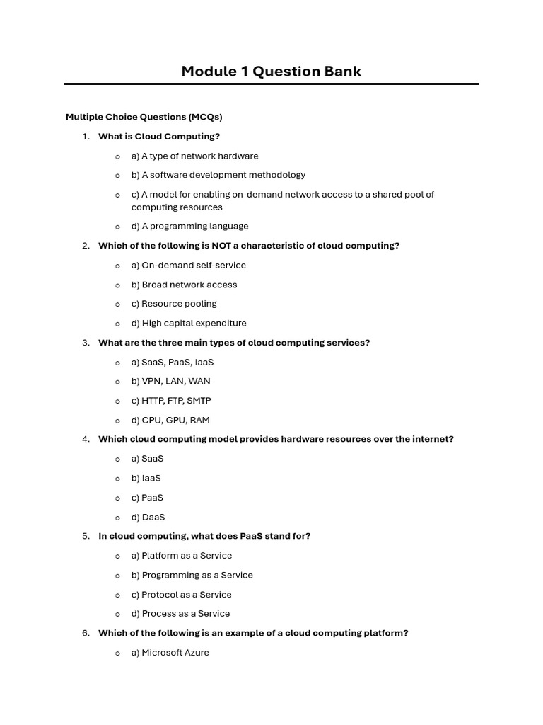 Module 1, 2,3,4 Question Bank | PDF | Cloud Computing | Software As A ...