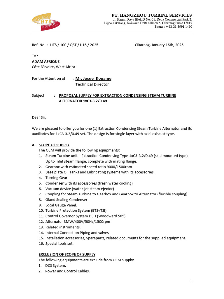 Proposal for Steam Turbine Alternator | PDF | Steam | Power (Physics)