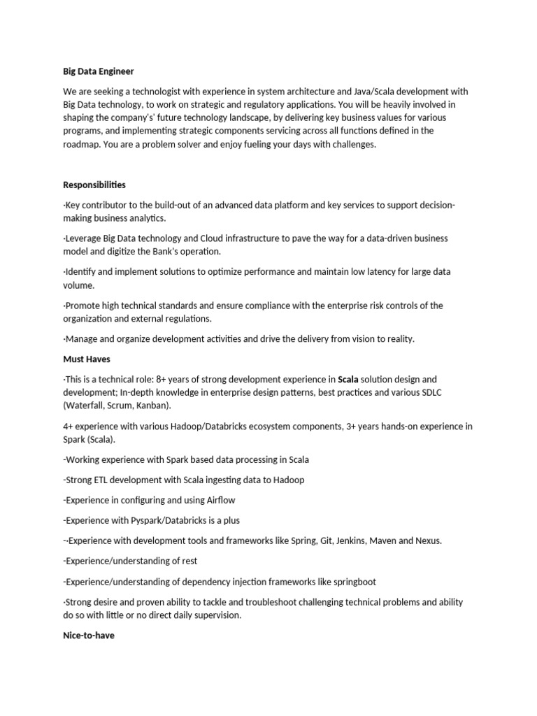 Big Data Engineer Job Description | PDF