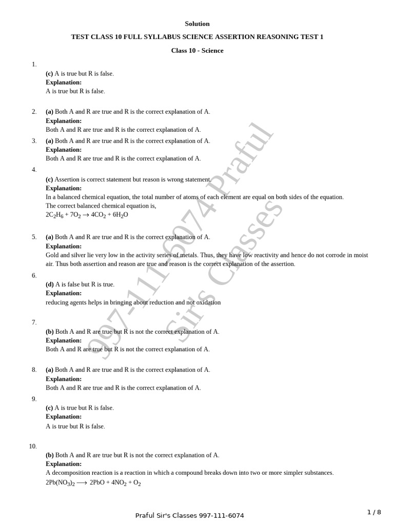 Solution TEST CLASS 10 FULL SYLLABUS SCIENCE ASSERTION REASONING TEST 1 ...