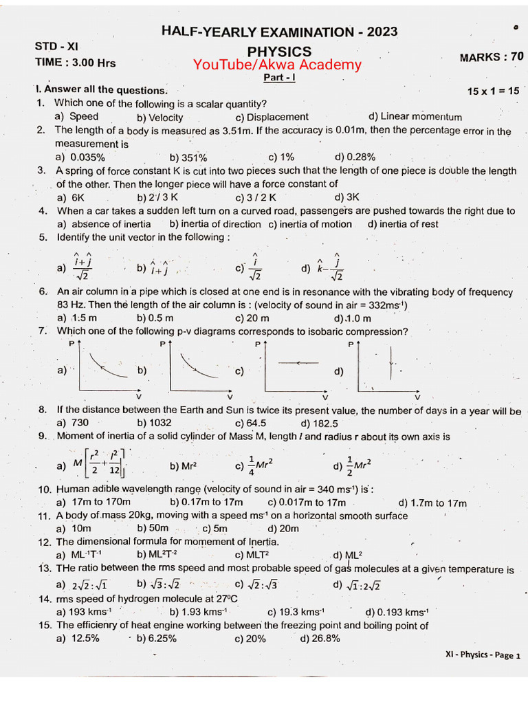 11th Physics EM - Half Yearly Exam - Question Papers | PDF | Force ...