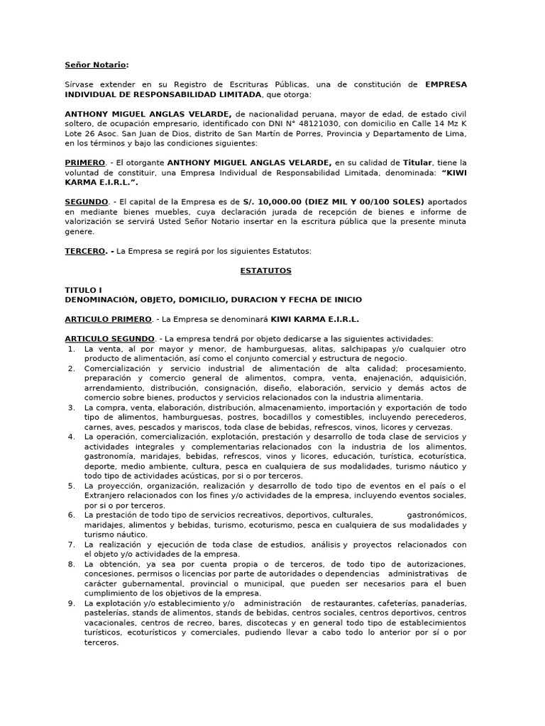 CONSTITUCION KIWI KARMA EIRL | PDF | Bancos | Arbitraje