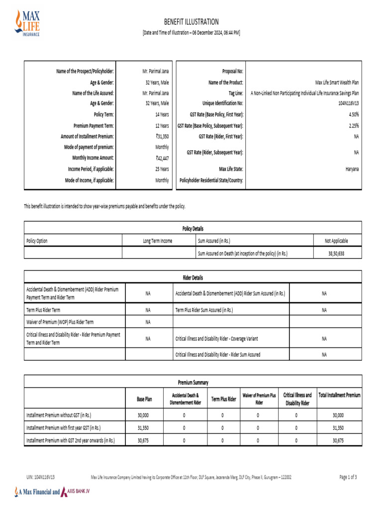 SWP Benefit Illustration | PDF | Insurance | Life Insurance
