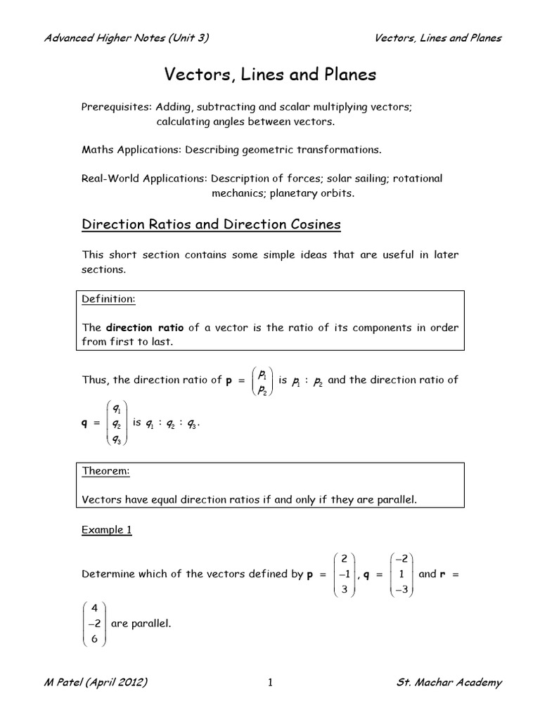Vectors, Lines and Planes Notes | PDF | Matrix (Mathematics ...