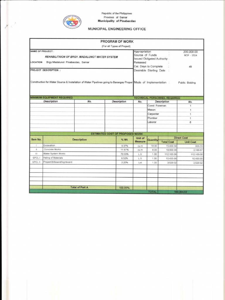 Pow Rehabilitation of Brgy - Madalunot Water System | PDF