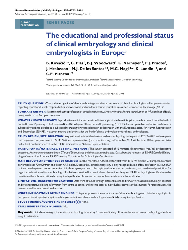Clinical Embryology Status in Europe | PDF | In Vitro Fertilisation | Assisted Reproductive ...