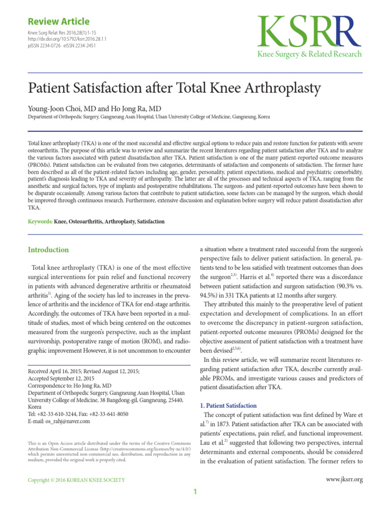 Patient Satisfaction after Total Knee Arthroplasty | PDF | Surgery | Pain Management