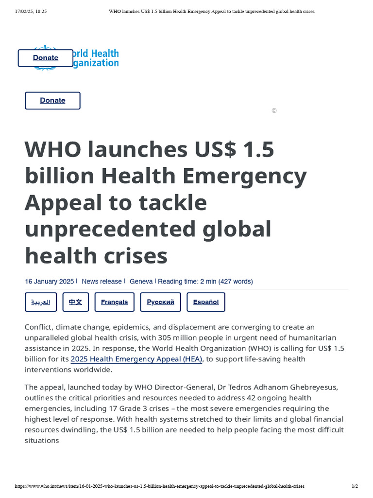 WHO launches US$ 1.5 billion Health Emergency Appeal to tackle ...