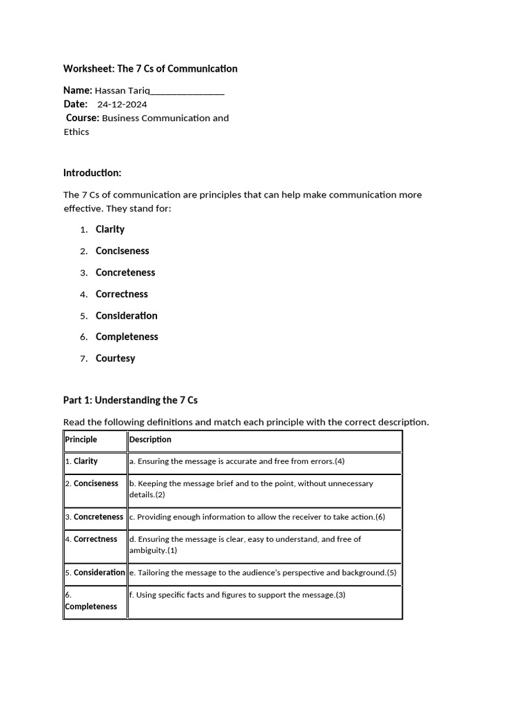 7 Cs Worksheet | PDF | Communication | Learning