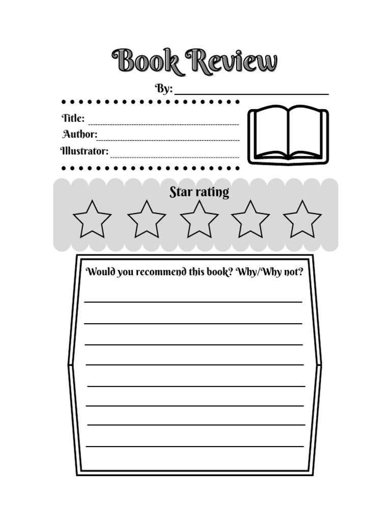 Black and White Simple Book Review Reading Activity Worksheet. | PDF