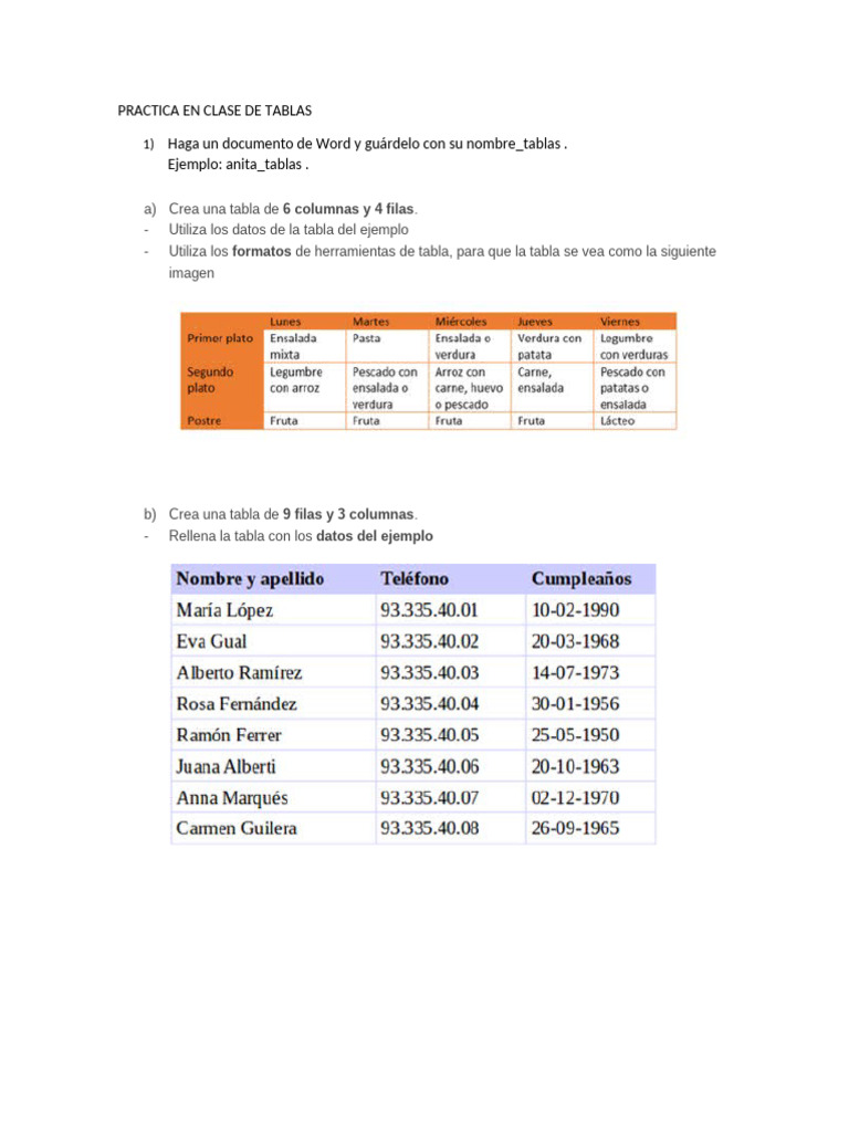 Practica en Clase de Tablas | PDF